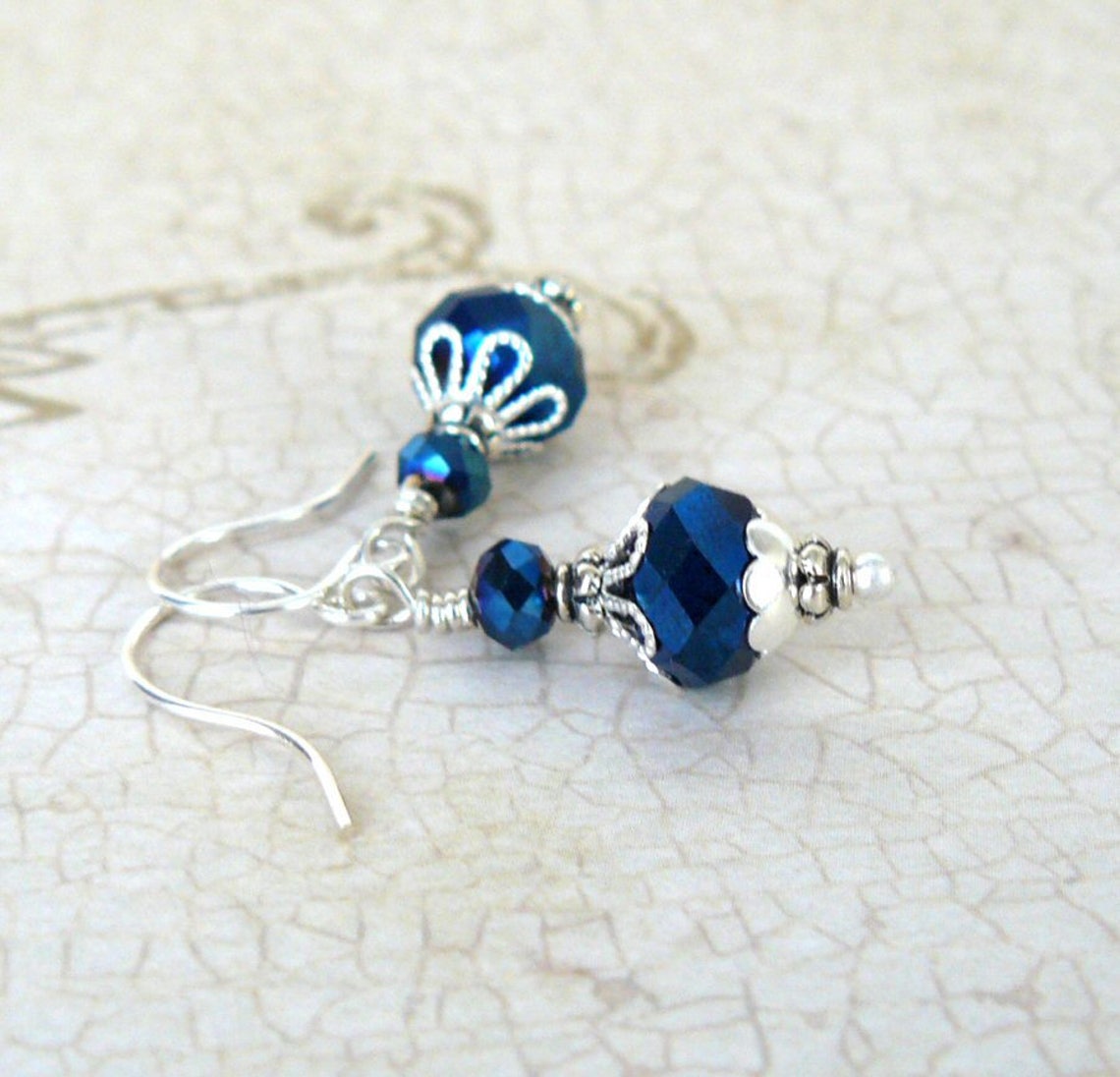 Small Blue Beaded Earrings, Iridescent Blue Faceted Glass Bead Dangles ...