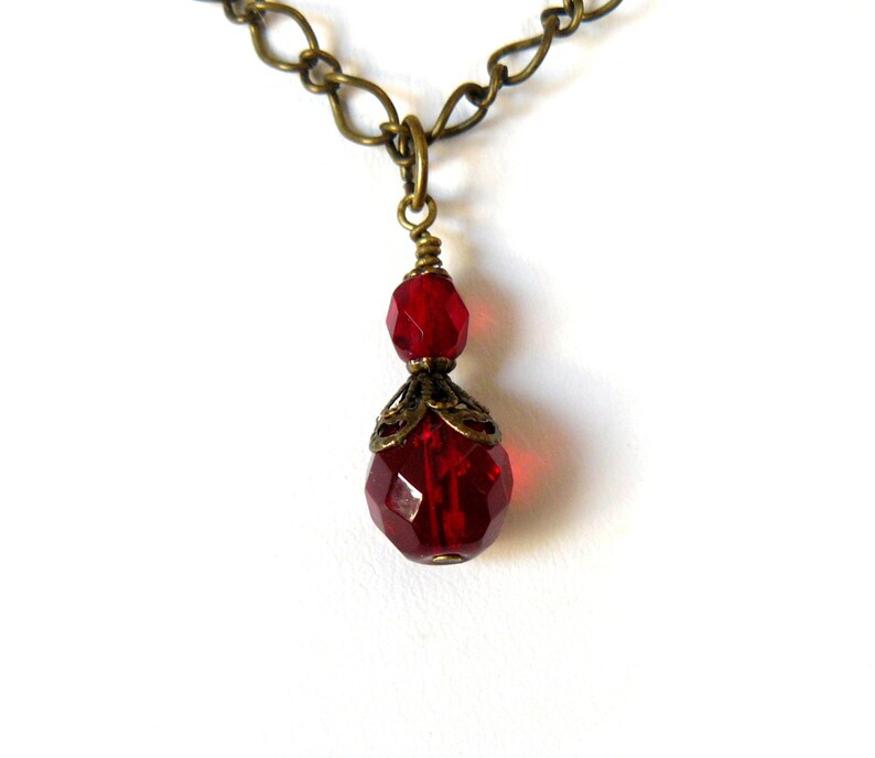 Garnet Vintage Inspired Necklace, Dark Red Victorian Glass Bead Pendant ...