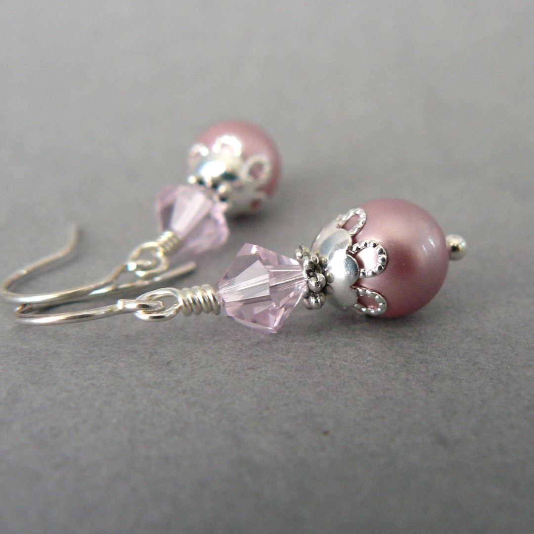 Pale Pink Pearl Earrings, Dusty Rose Dangles, Vintage Style Jewelry ...