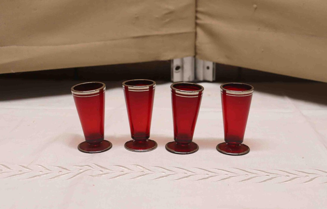 Vintage 4 Small Ruby Red Shot Glasses, Silver Top and Bottom Edge ...