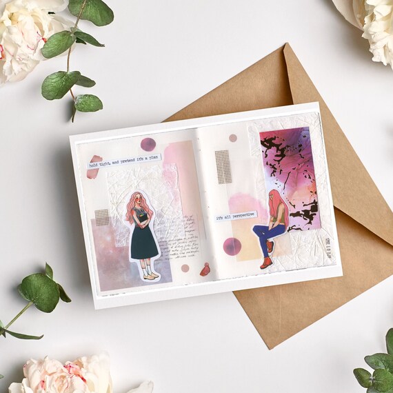 Pink Collage Journal Girls Post Card Greeting Card - Etsy