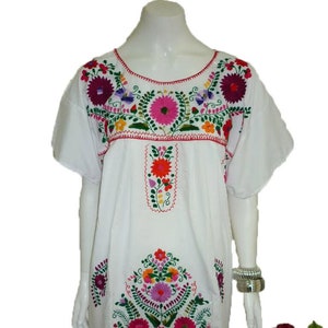 Puebla Mexican Dress Peasant Hand Embroidered Vintage Style Tunic Cinco ...