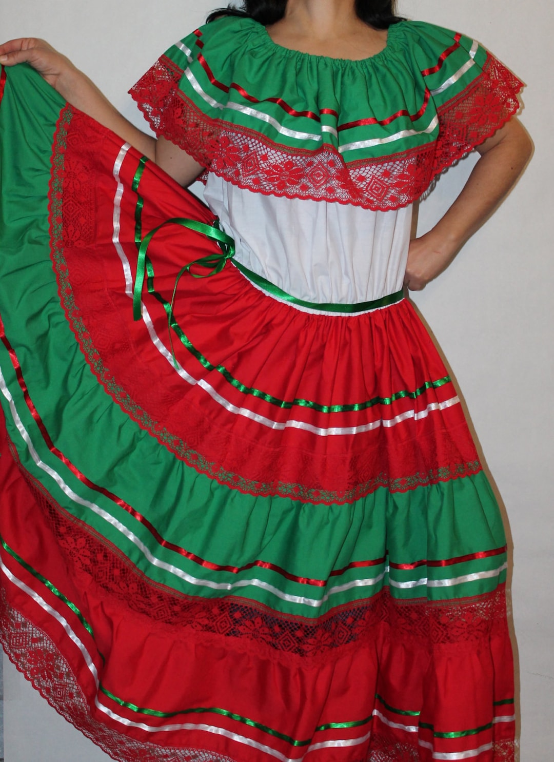 Tricolor Peasant Mexican Lace Dress off Shoulder Cinco De Mayo Costume ...