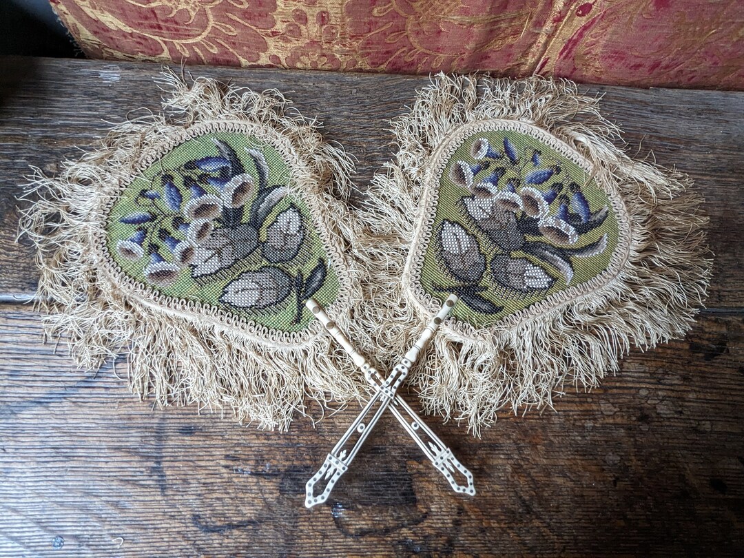 Pair of Antique Face Screens, Beaded Needlepoint Fixed Fans, Carved ...