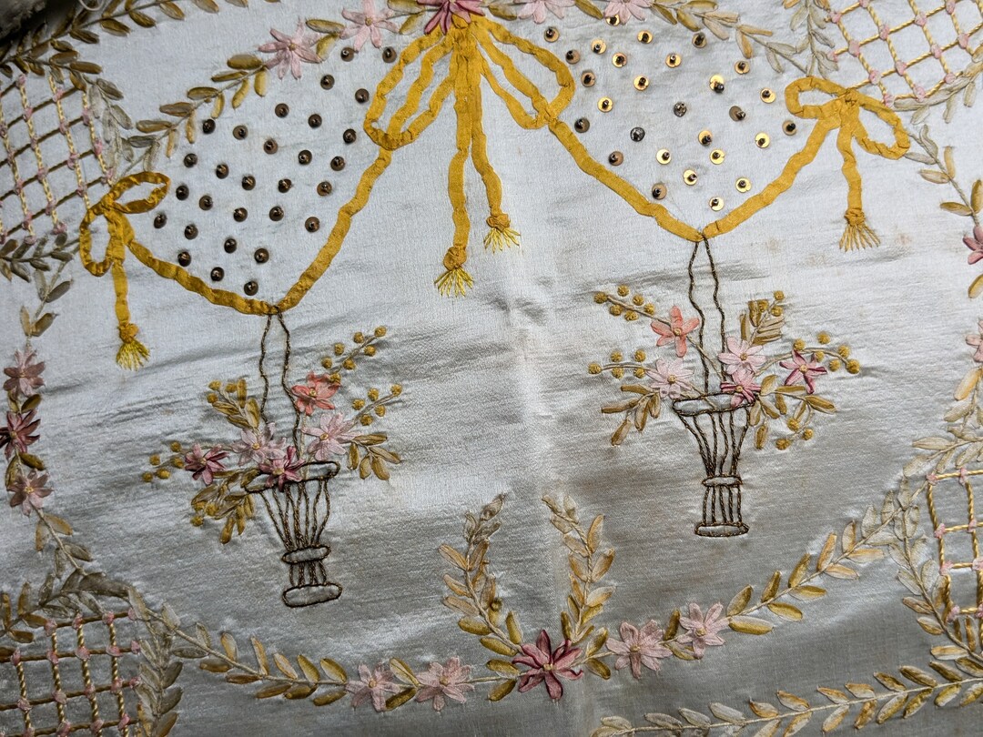 Antique Silk Ribbonwork Embroidery, Ribbon Roses Flower Baskets - Etsy