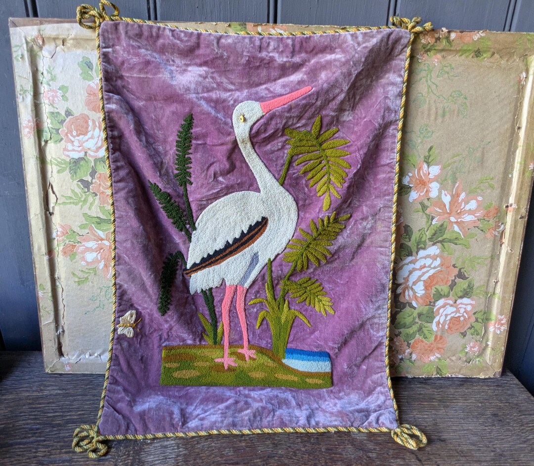 Antique Stork Embroidery on Velvet - Etsy