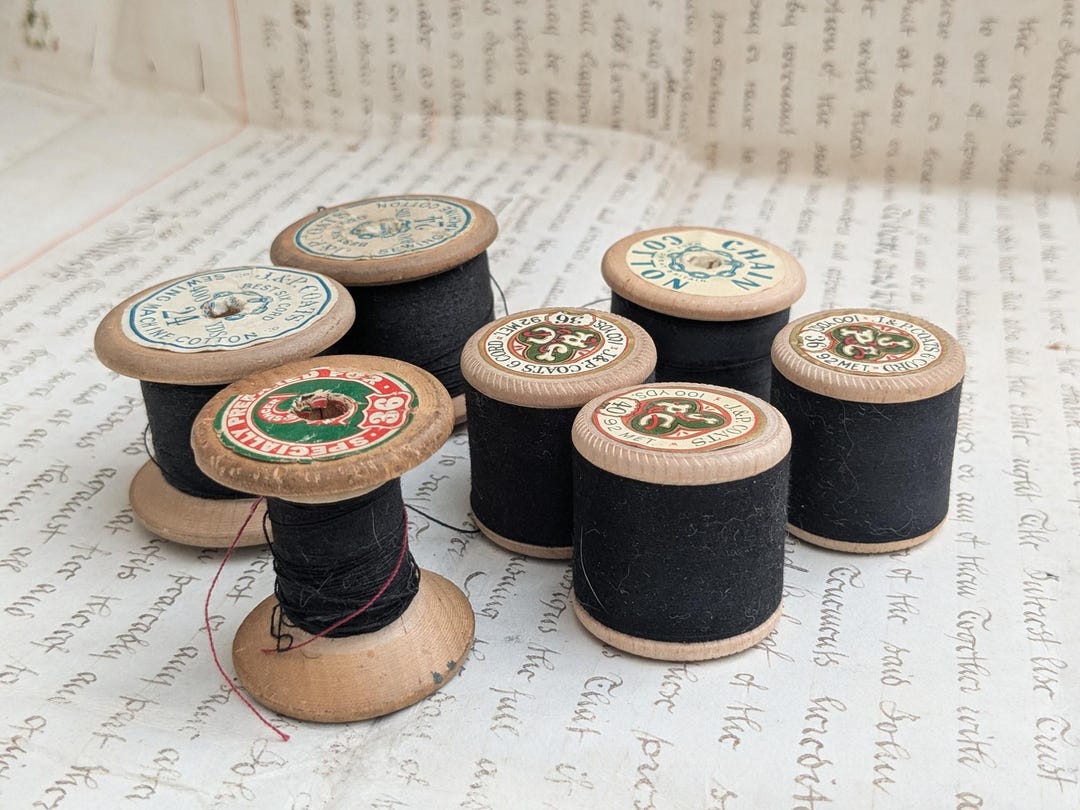 7 Old Thread Spools, J & P Coats Wooden Bobbins, Black Thread - Etsy