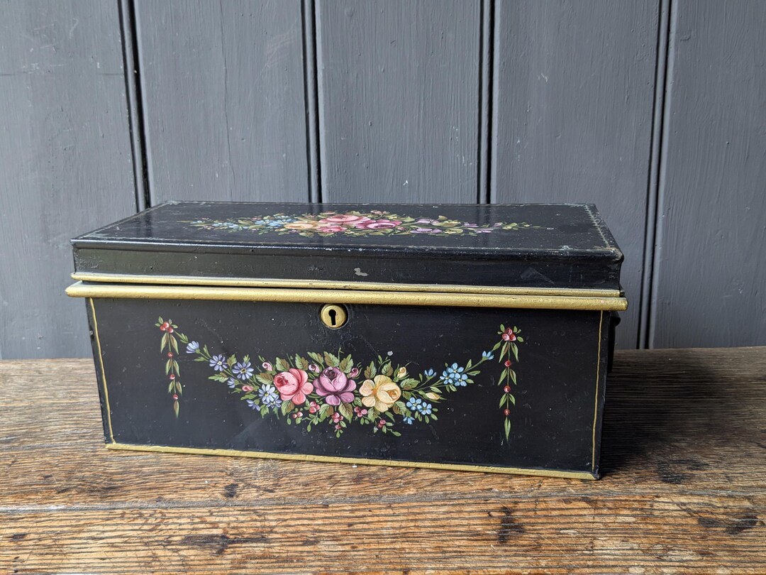 Antique Hand Painted Toleware Box With Roses - Etsy