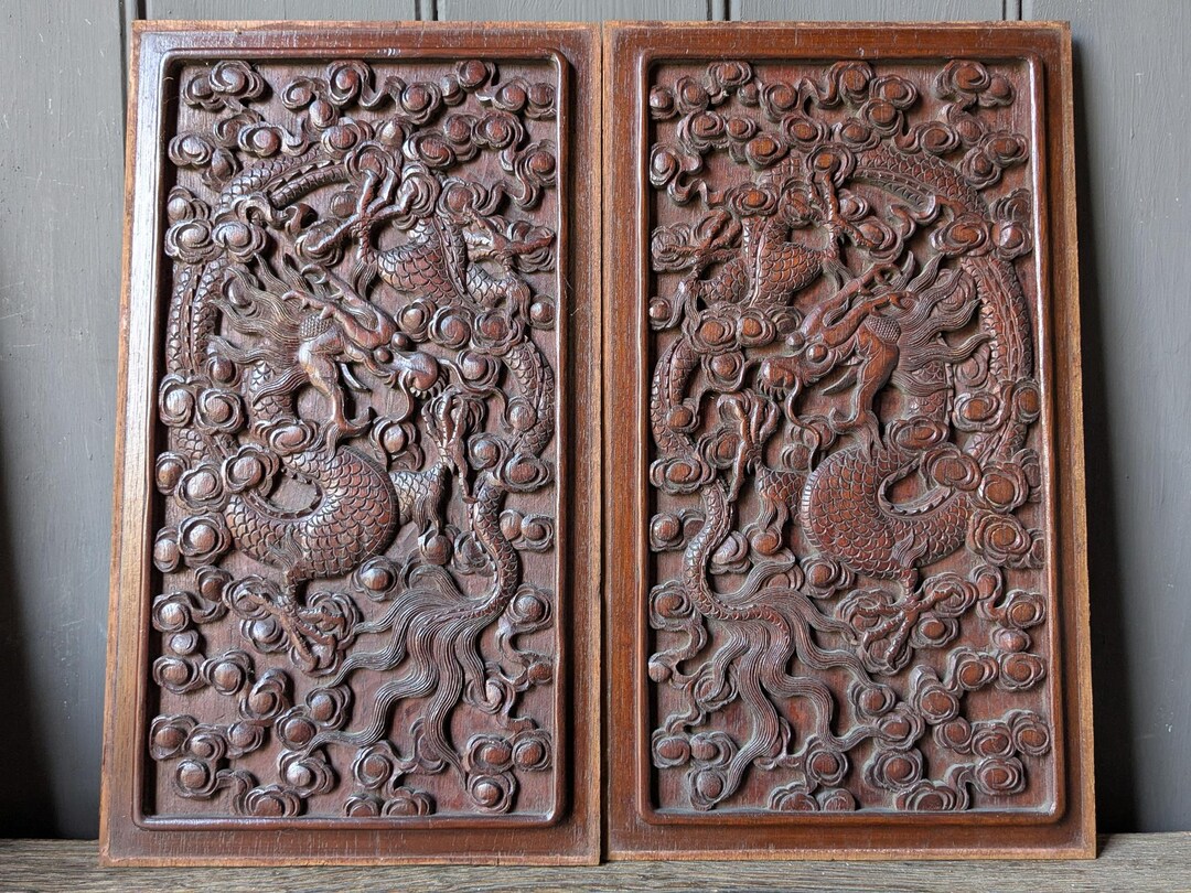 Pair Antique Chinese Carved Dragon Panels - Etsy