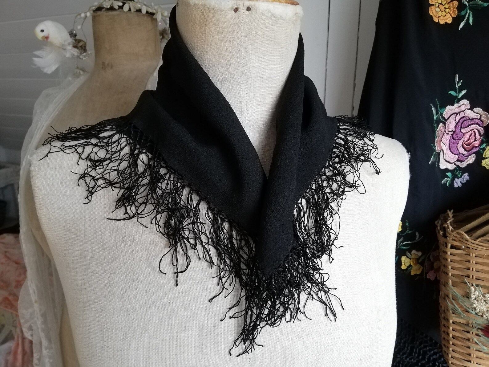 Victorian silk neckerchief black with fringe | Etsy