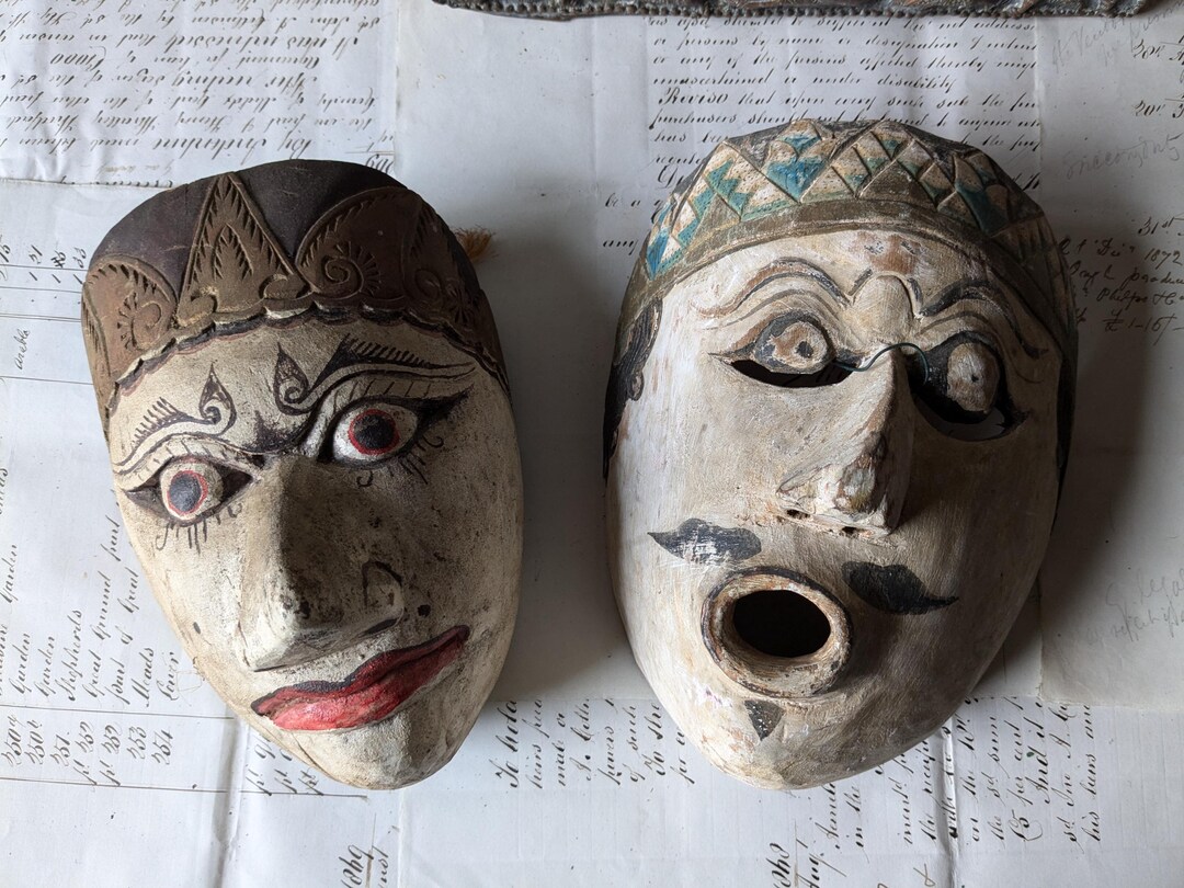 2 Vintage Eastern Carved & Painted Wooden Masks - Etsy