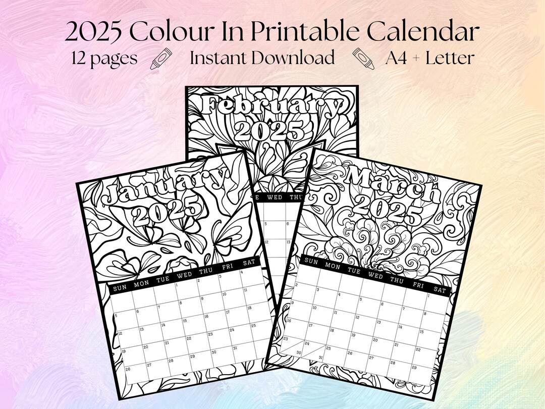 Colouring Page 2025 Calendar, Black and White Calendar, Desk and Wall ...