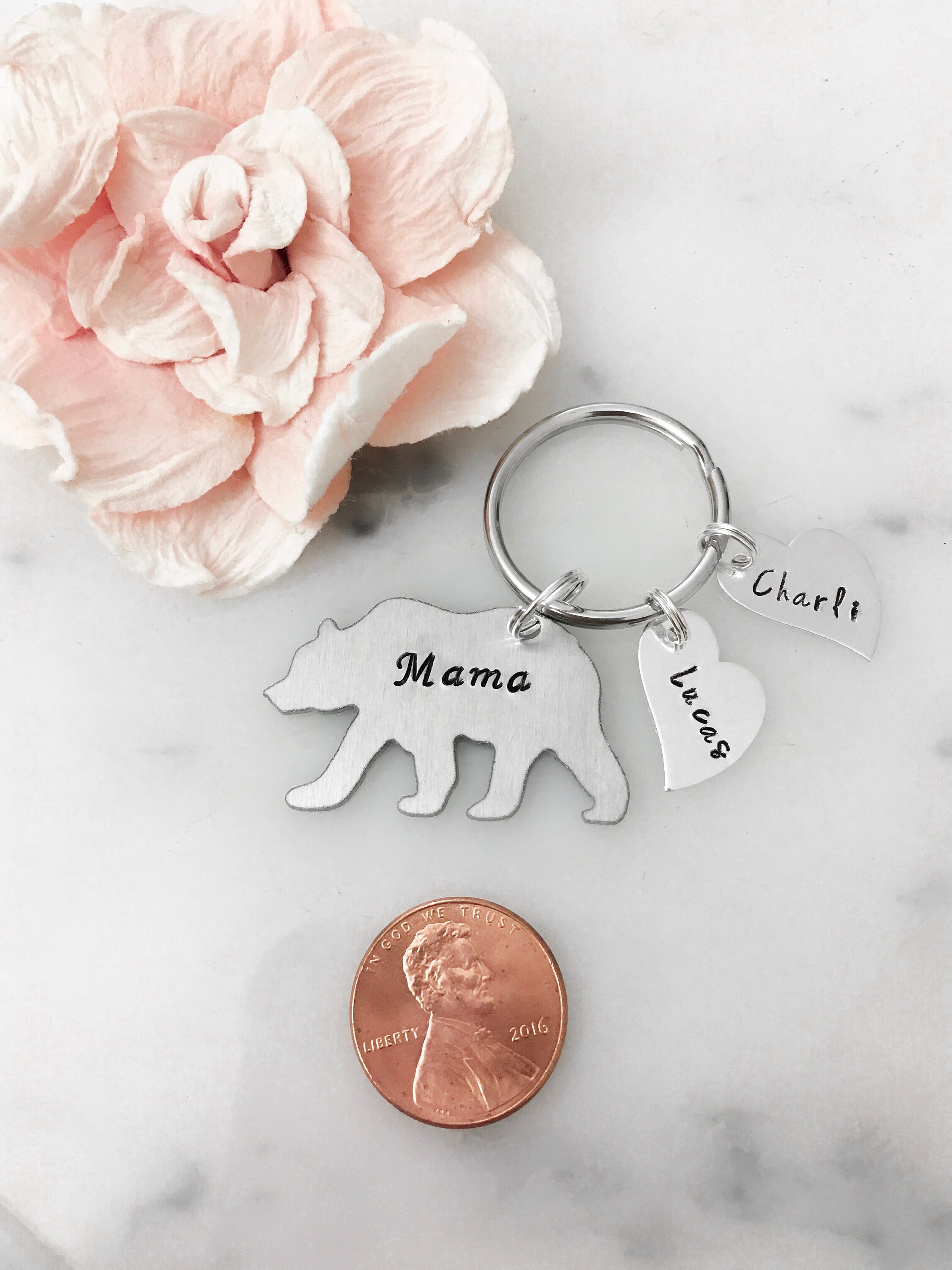 Mama Bear Keychain with Child's Name Heart Tags Gift | Etsy