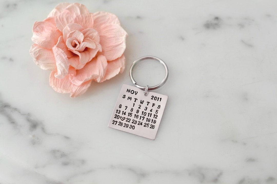 Personalized Calendar Keychain, Special Date Hand Stamped W/ Heart ...