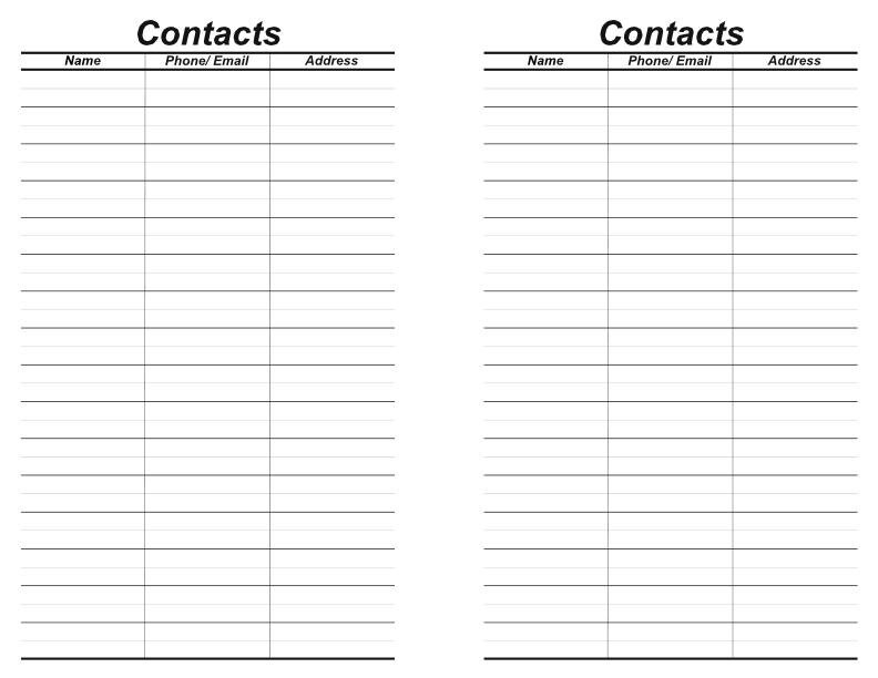 Printable Black and White Planner Pages With a Contacts Page. Fits 5.5 ...