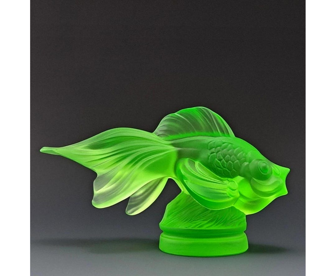 Art Deco Green Uranium Glass Figurine ' Gold Fish ' Sculpture 1930's H ...