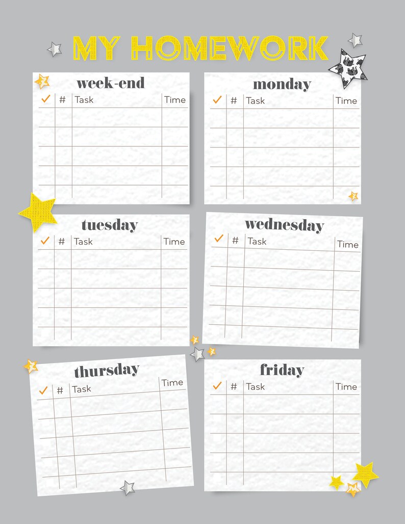 Homework Planner Poster / Grey and Yellow Stars / Printable Parenting ...