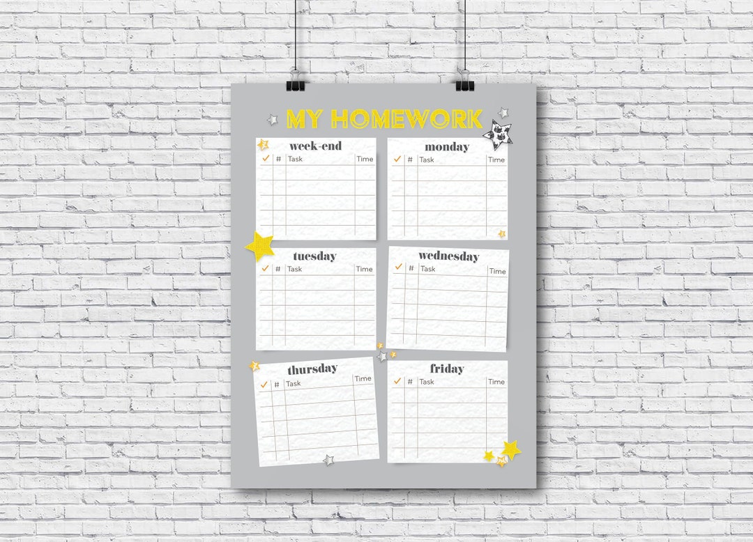 Homework Planner Poster / Grey and Yellow Stars / Printable Parenting ...