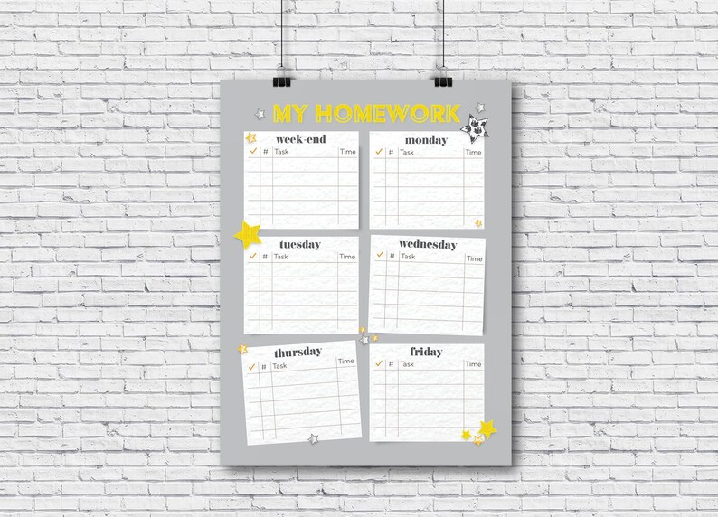 Homework Planner Poster / Grey and Yellow Stars / Printable Parenting ...