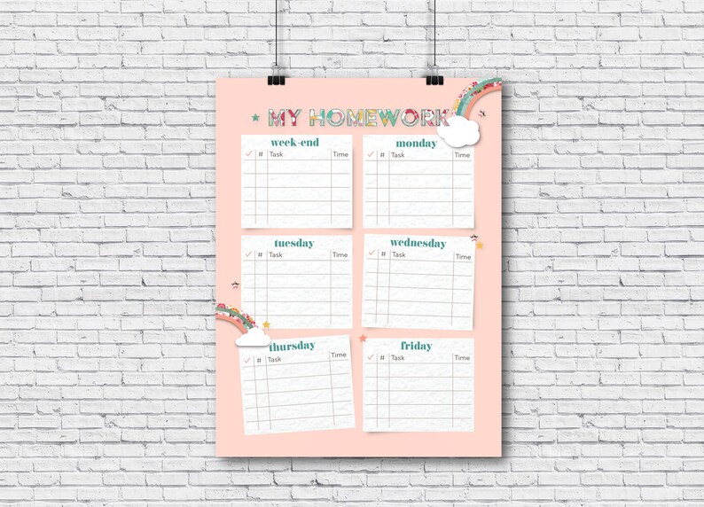 Homework Planner Poster / Pink Rainbows / Printable Parenting Tool ...