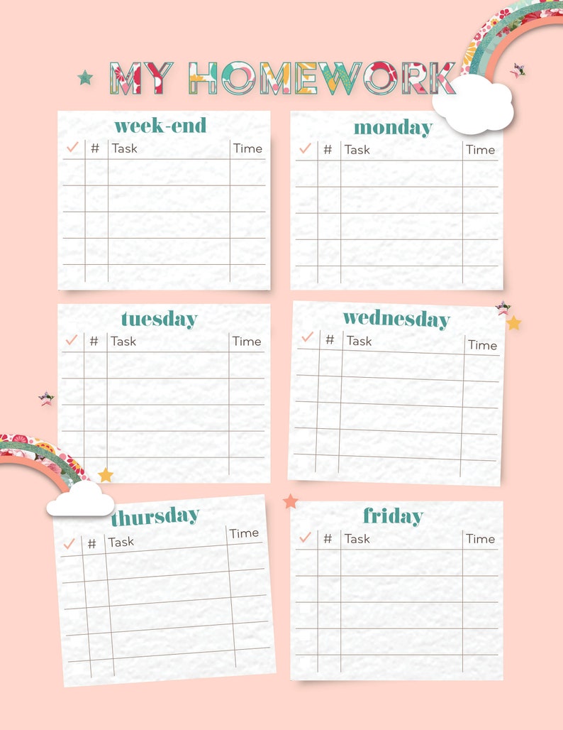 Homework Planner Poster / Pink Rainbows / Printable Parenting Tool ...