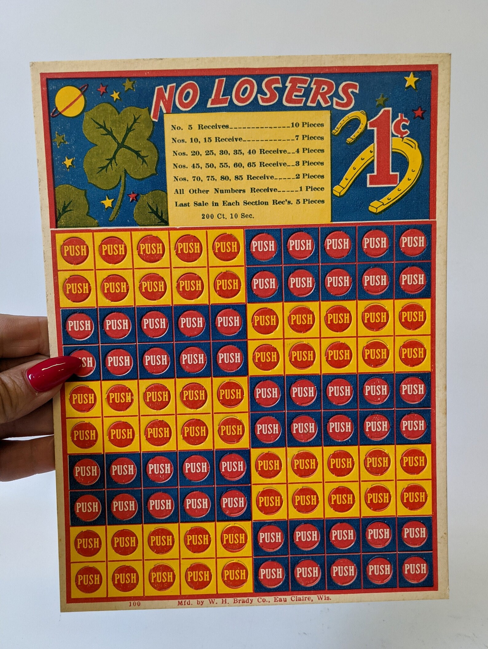 Vintage 1 Cent Penny Board Punch Game "no Losers" by W.H. Brady Co ...
