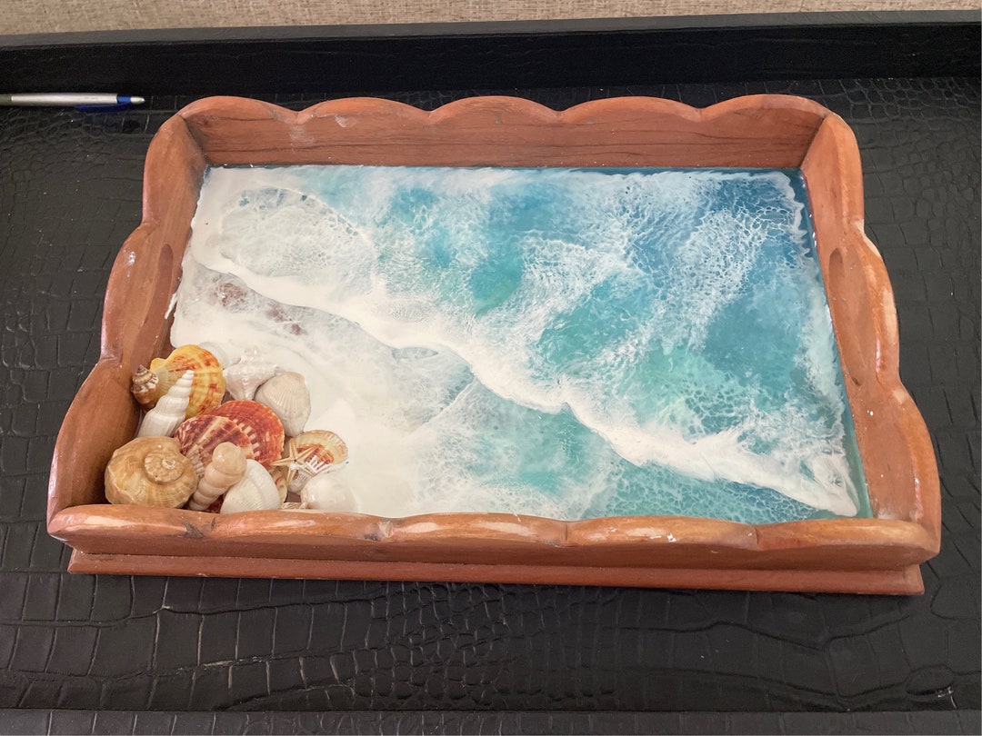 Beach Resin Serving Tray, Ocean Waves Tray, Sea Shell Charcuterie Board ...