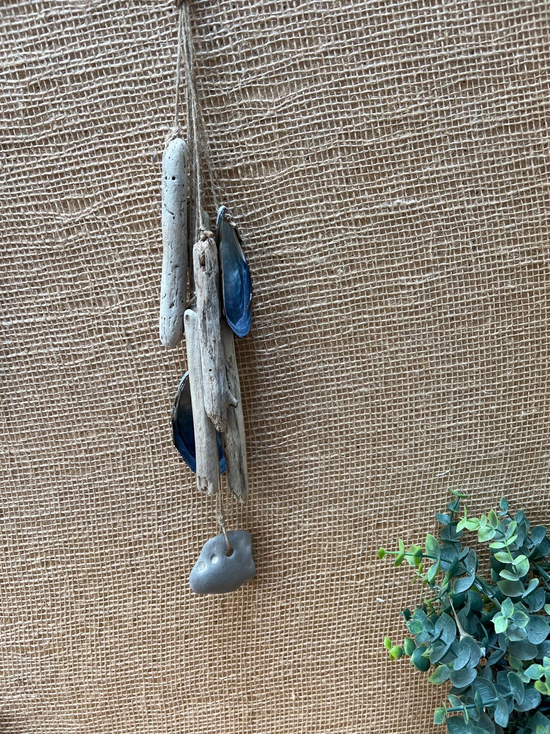 Driftwood Mussel Shell and Holey Stone Wind Chimes Mobile Coastal Decor ...