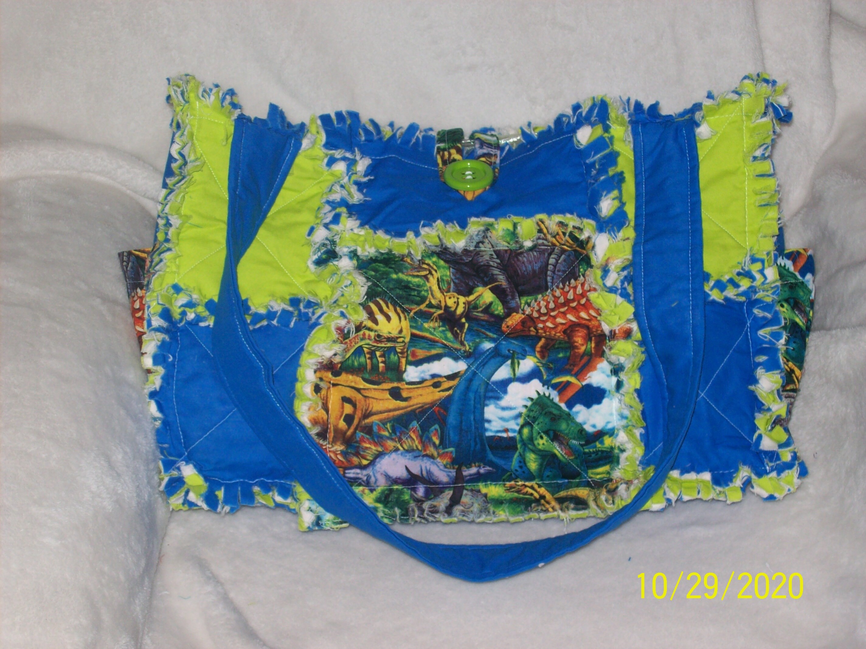 Dino Dinosaur Green Blue Adorable Rag Quilt Diaperbag Bag Tote Purse ...