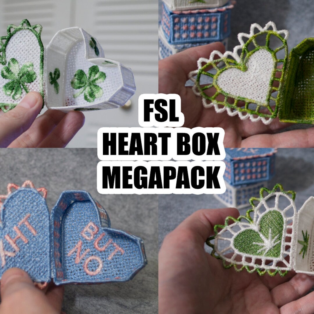 MEGAPACK, 3D Fsl Heart Box Embroidery File, Free Standing Lace, Machine ...