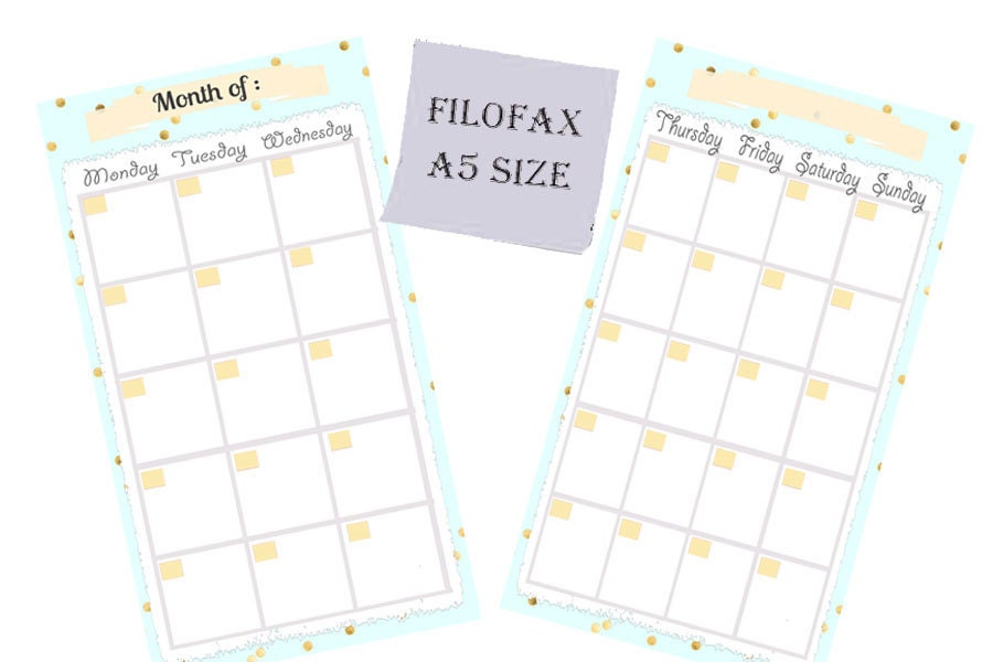 Filofax A5 Monthly Planner ,insert Planner Pages, Mont on 2 Pages, Cute ...
