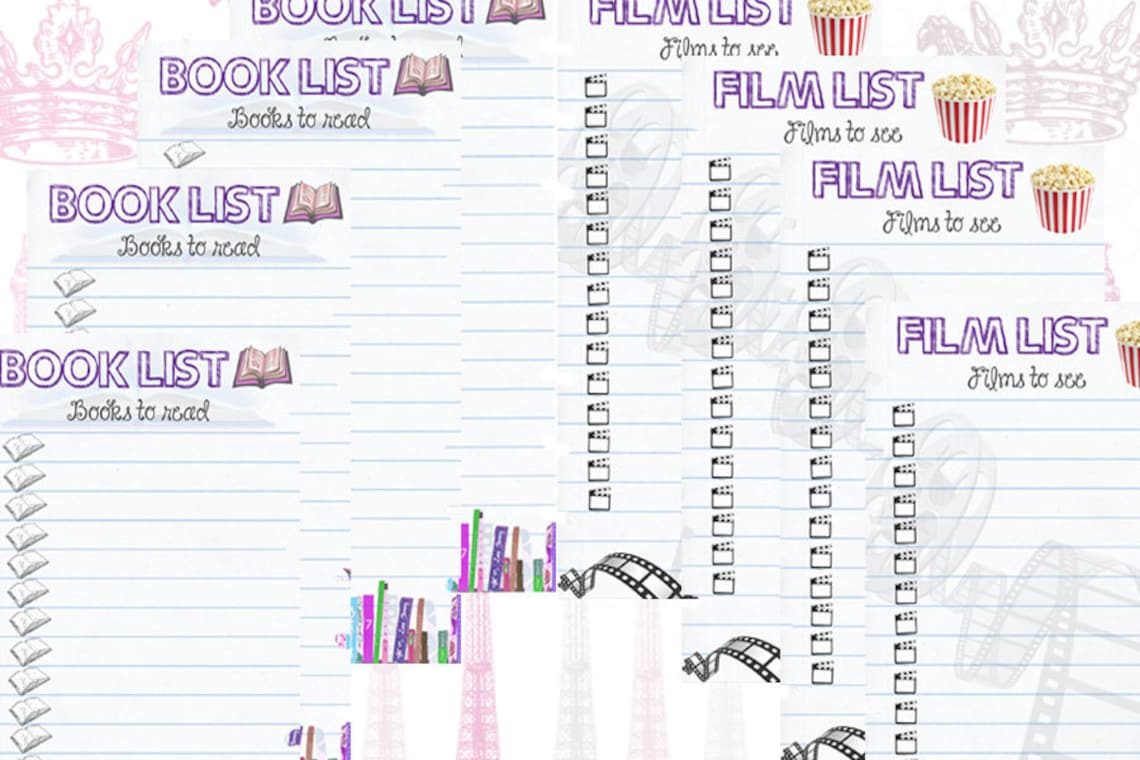 Filofax Personal Size, Books and Films List, 2 Insert Pages Cute Design ...