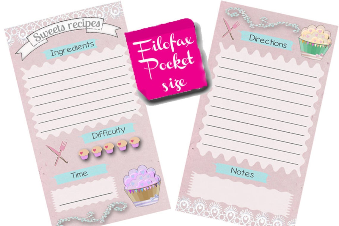 Filofax Pocket Recipe Pages ,insert Planner Pages,sweets Recipes, Cute ...