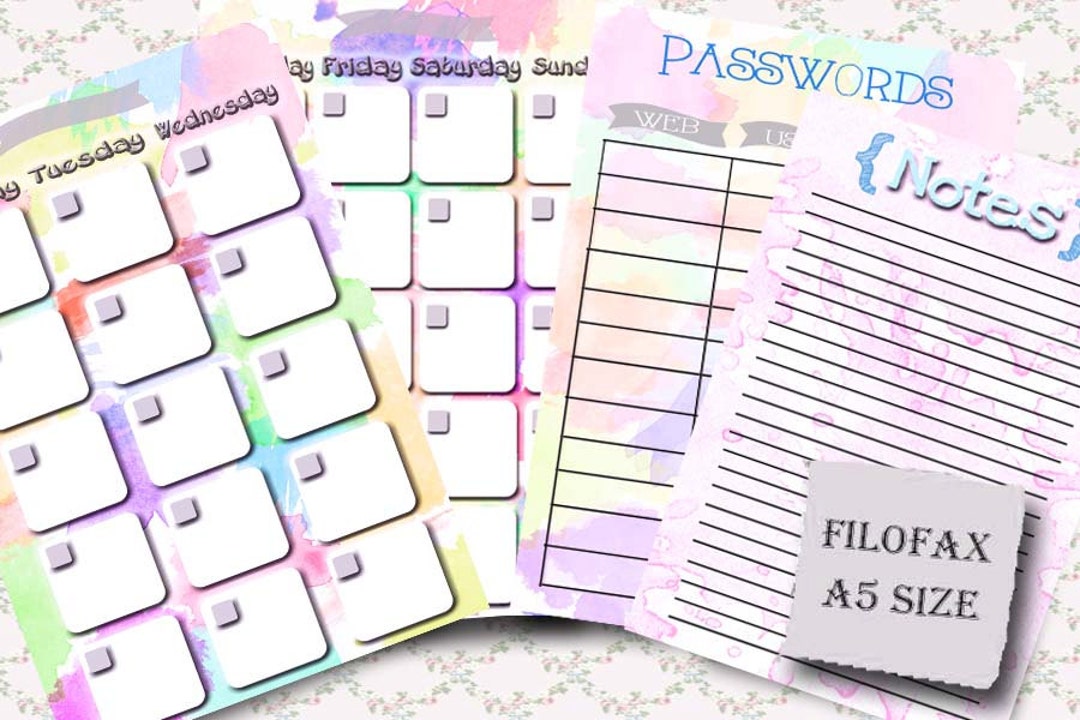 A5 Filofax Monthly Calendar Printable, Watercolor Inserts (digital ...
