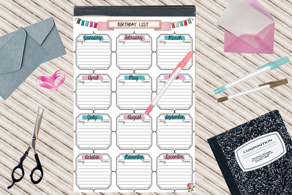Birthday List Planner Printable A4 Cute Desigs Instant Download - Etsy