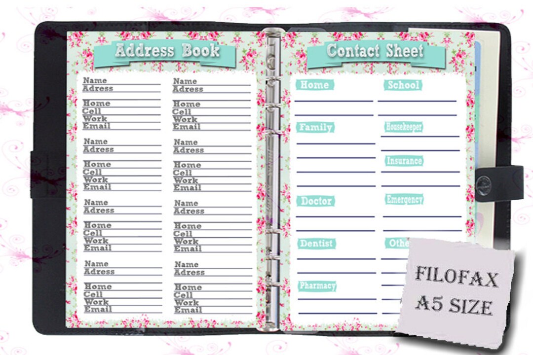 Filofax A5 Size, Address Inserts, Contact Sheet and Address , Printable ...