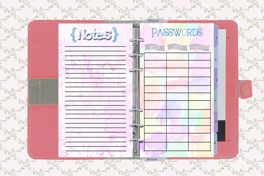 Personal Filofax Monthly Calendar, Password & Notes Inserts (PDF ...