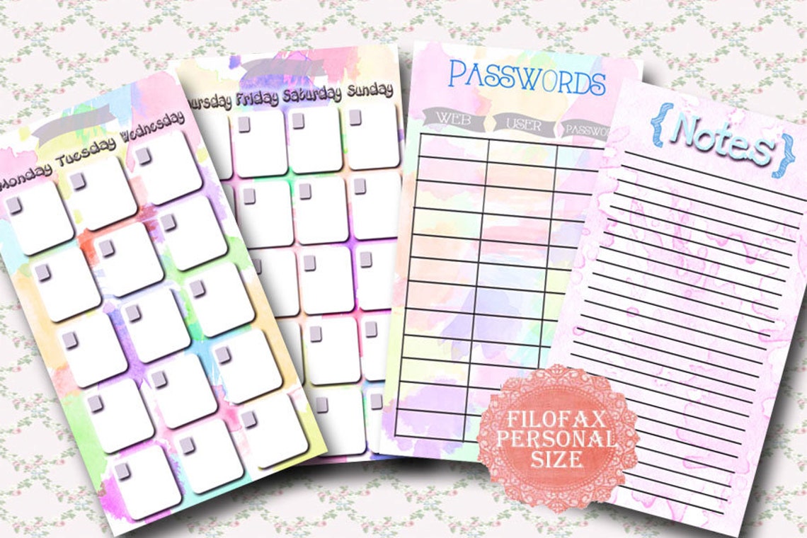 Personal Filofax Printable 2 Page Monthly Calendar , Passwords, Notes ...