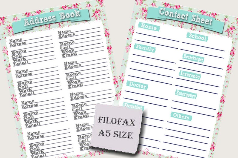 Filofax A5 Size, Address Inserts, Contact Sheet and Address , Printable ...