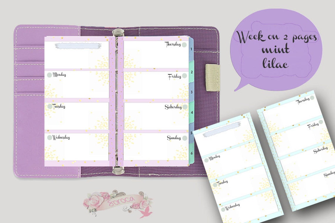 Filofax Personal Printable Week in 2 Pages, Kit 2 Colors,mint and Lilac ...