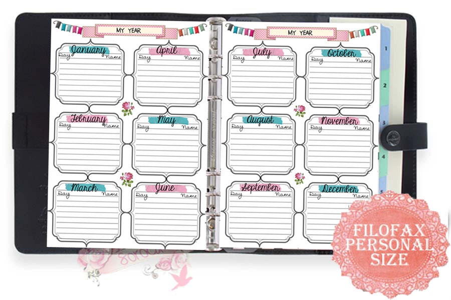 Filofax Personal Size, Printable Year on 2 Pages, 2 Insert Pages Cute ...