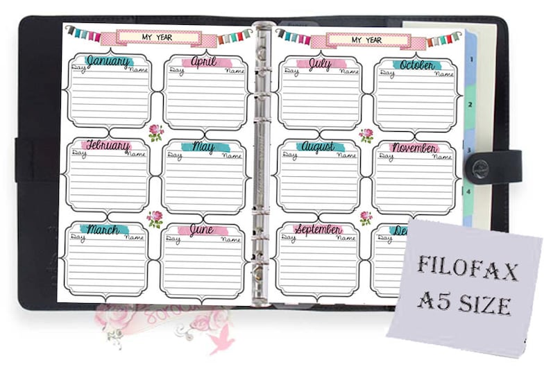 Filofax A5 Size, Printable Year on 2 Pages, 2 Insert Pages Cute Design ...
