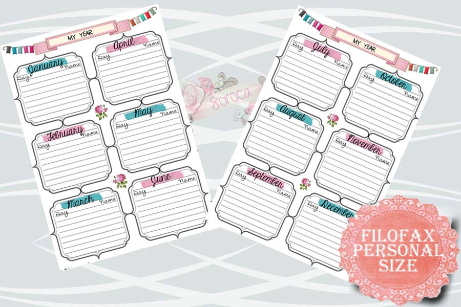 Filofax Personal Size, Printable Year on 2 Pages, 2 Insert Pages Cute ...