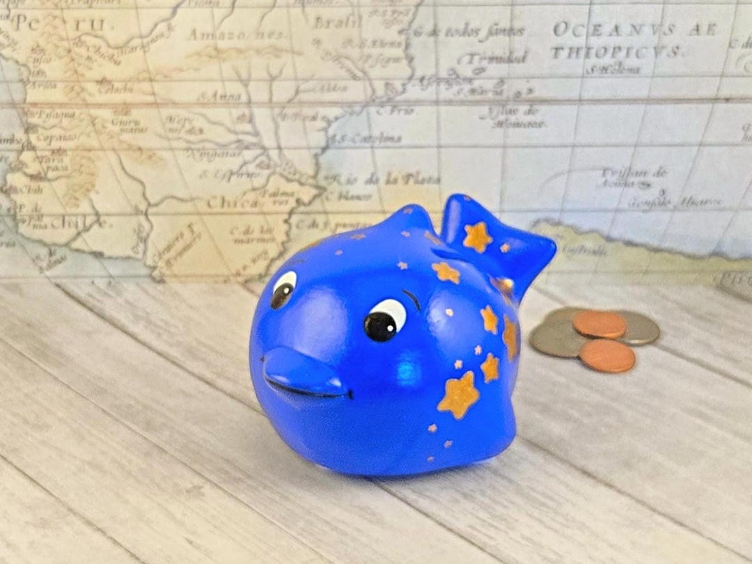 Blue and Gold Star Fish Piggy Bank, Fish Piggy Bank, Piggy Bank, Blue ...
