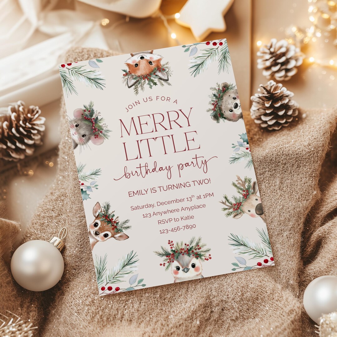 Woodland Animals Christmas Birthday Invitation, Winter Holiday ...