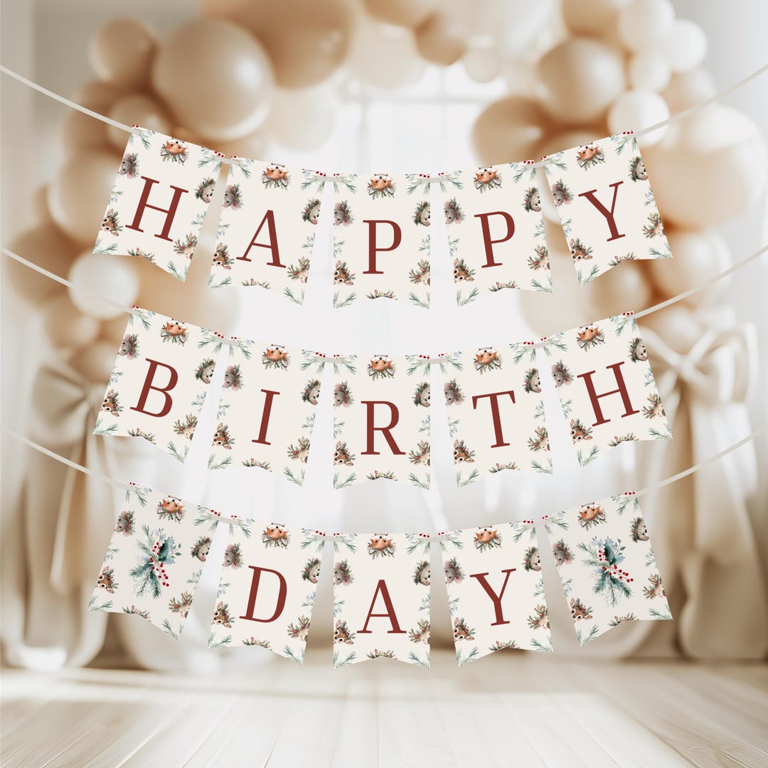 Winter Woodland Birthday Banner, Holiday Party Decor (digital Download ...
