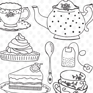 High Tea, Afternoon Tea Time, Teapot Teacups Cake Handdrawn Hand Drawn ...