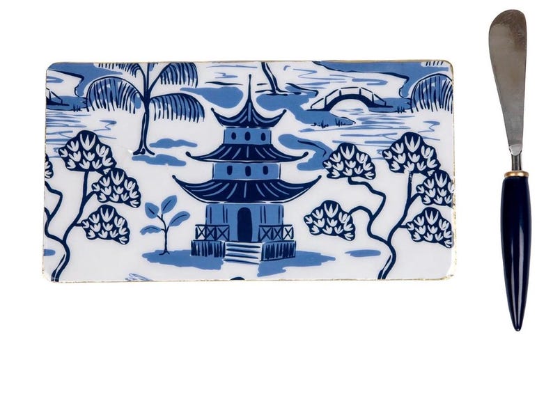 Chinoiserie Charcuterie Board With Knife, Blue Pagoda Design, Cutting ...