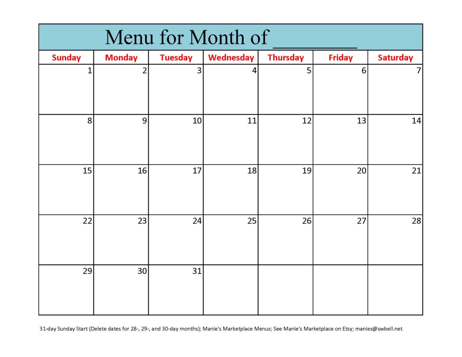 Menus, Schedules, Calendars Excel File - Etsy