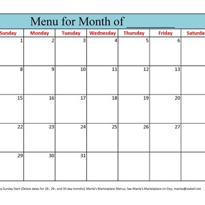 Menus, Schedules, Calendars Excel File - Etsy